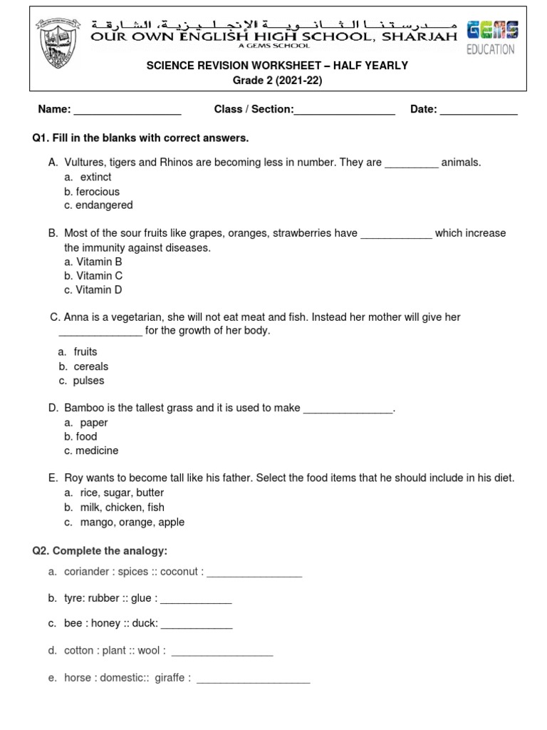 Science Revision Worksheet - Half Yearly Grade 2 (2021-22) Name ...