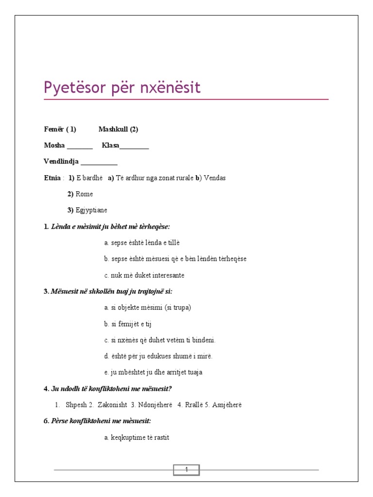 Pyetësor Për Nxënësit | PDF