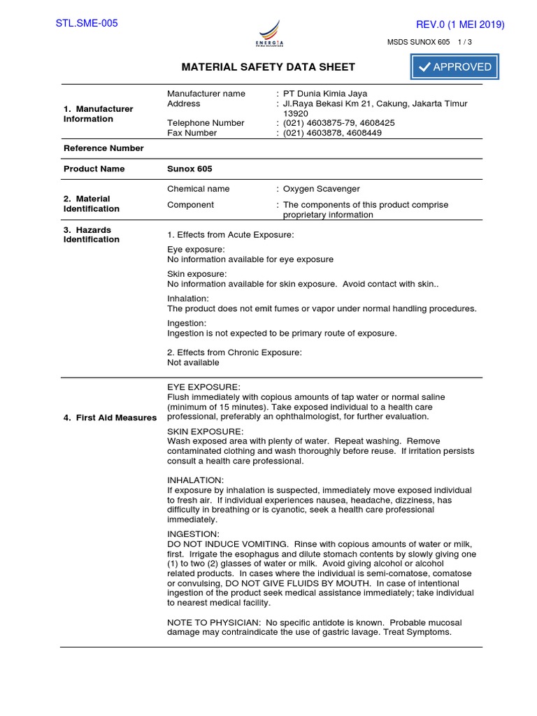Epn006msds Sunox 605 | PDF | Firefighting | Personal Protective Equipment