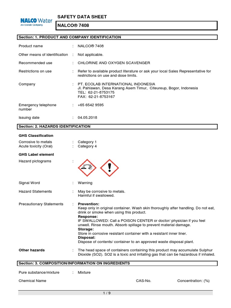 Safety Data Sheet NALCO® 7408: Section: 1. Product and Company ...