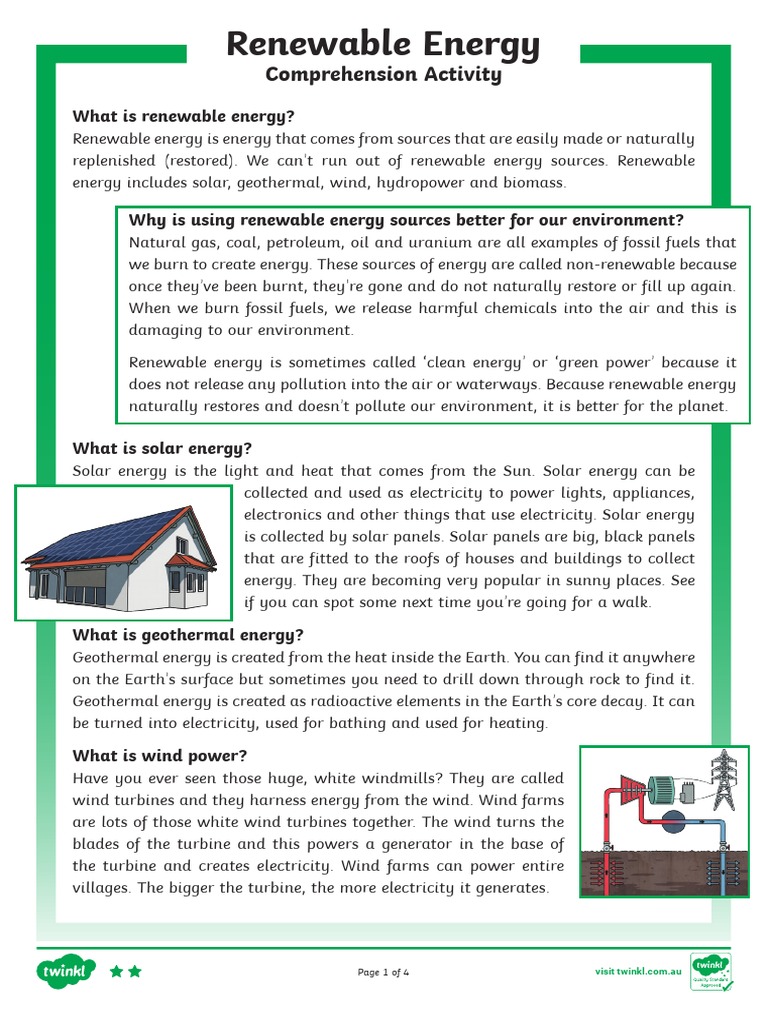 Comprehension Activity: What Is Renewable Energy? | PDF | Renewable ...