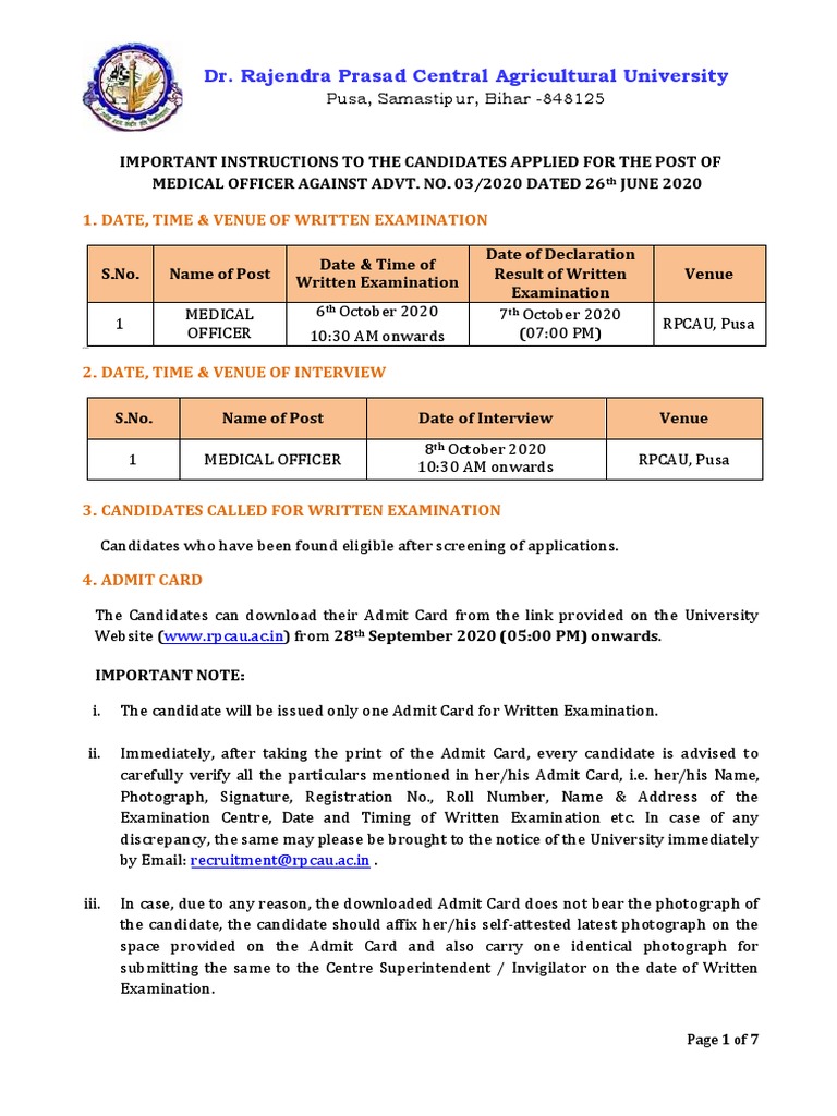Important Instructions Regarding Written Examination Interview For The ...