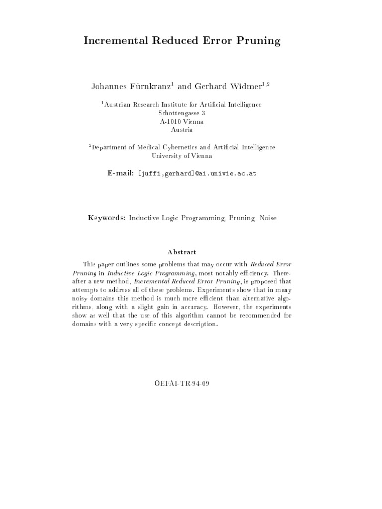 Incremental Reduced Error Pruning: Johannes F Urnkranz and Gerhard ...