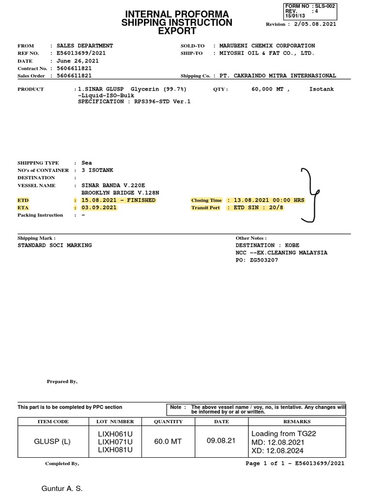 Internal Proforma Shipping Instruction Export | PDF | Communication