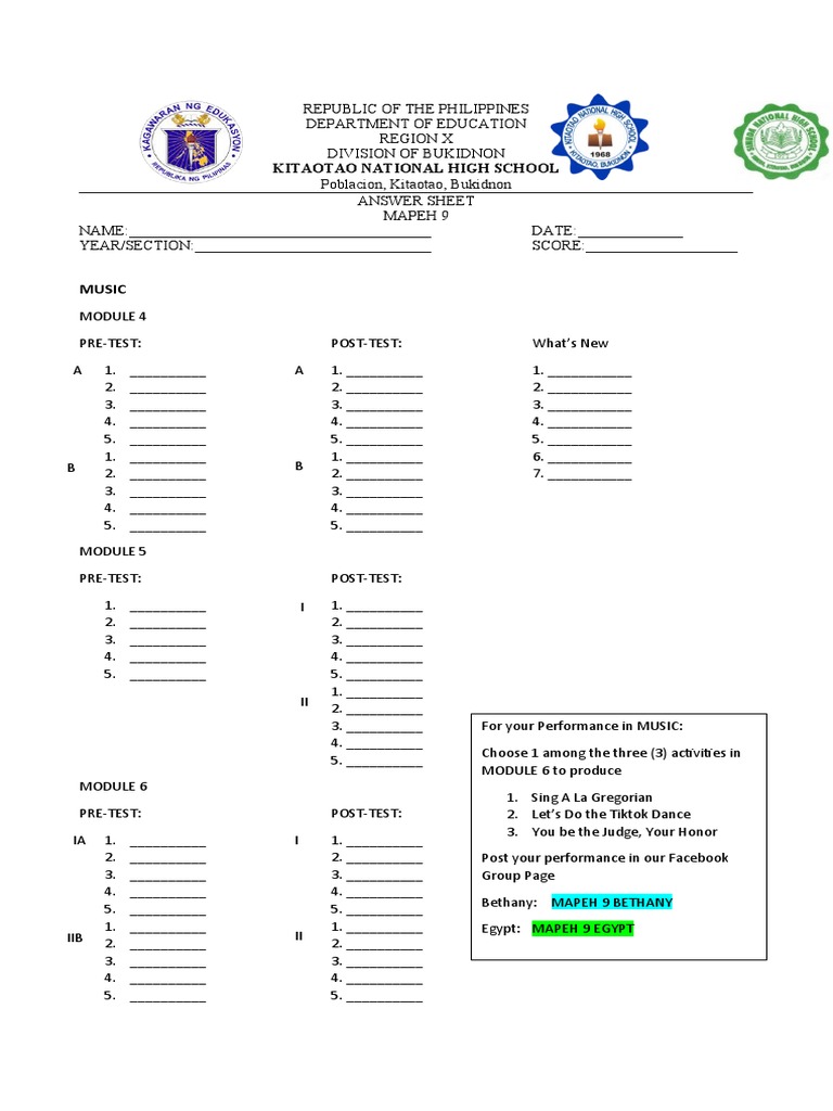 Kitaotao National High School MAPEH Answer Sheet: Assessments and Activities for Modules in ...