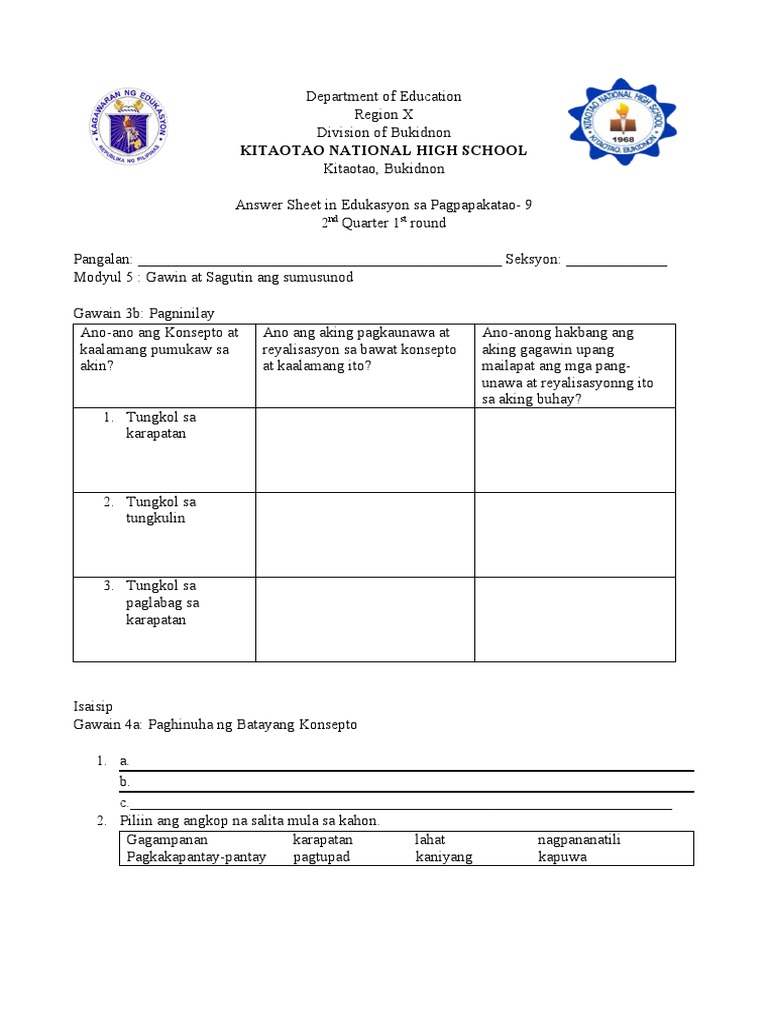 Answer Sheet-ESP 2nd Quarter 1st Round | PDF