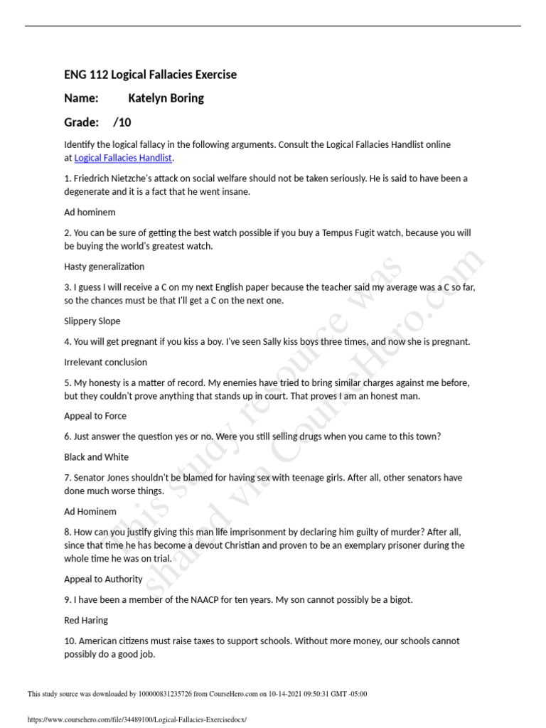 This Study Resource Was: ENG 112 Logical Fallacies Exercise Name ...