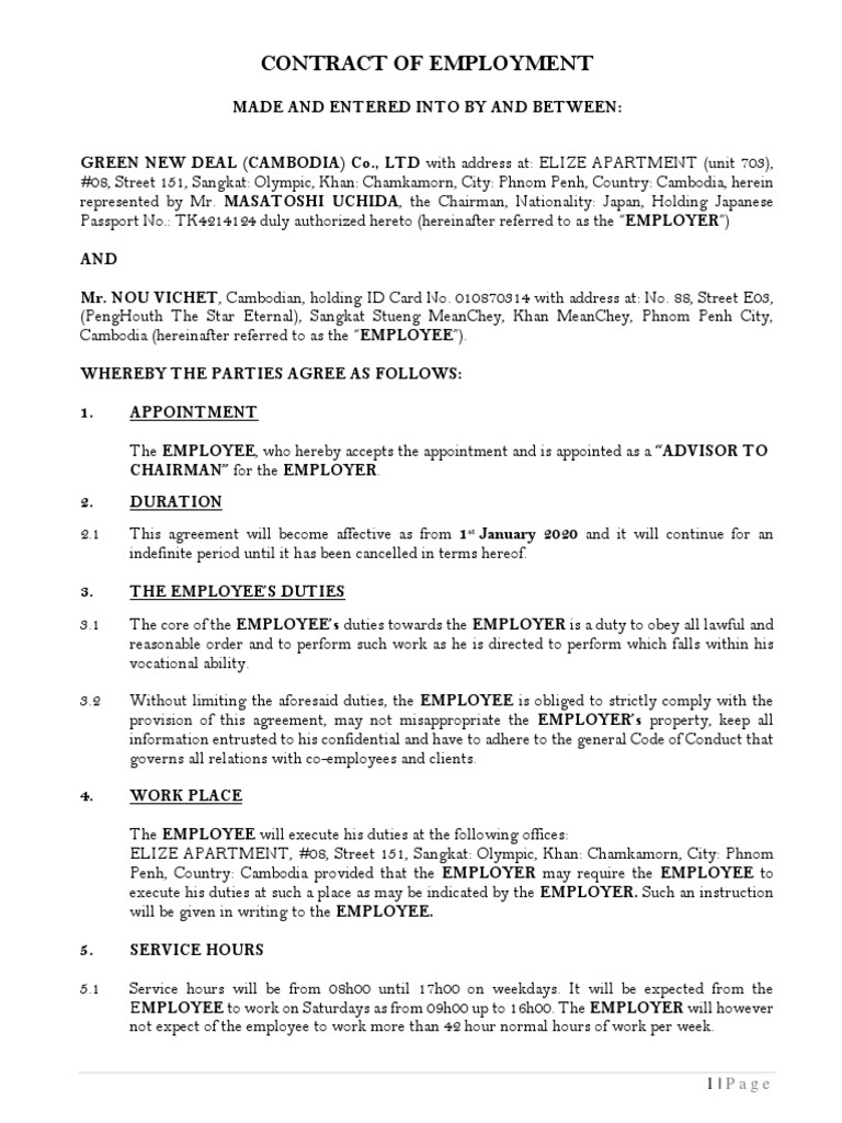 Contract Of Employment Pdf Sick Leave Employment