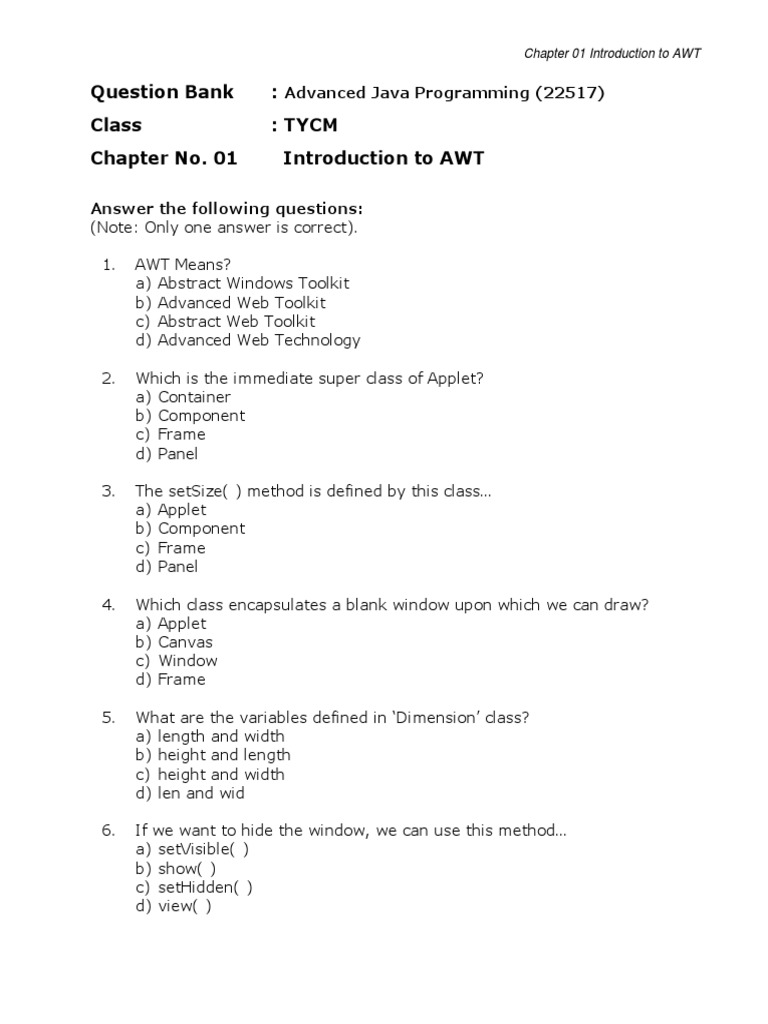 Question Bank: Class: Tycm Chapter No. 01 Introduction To AWT | PDF | Class (Computer ...