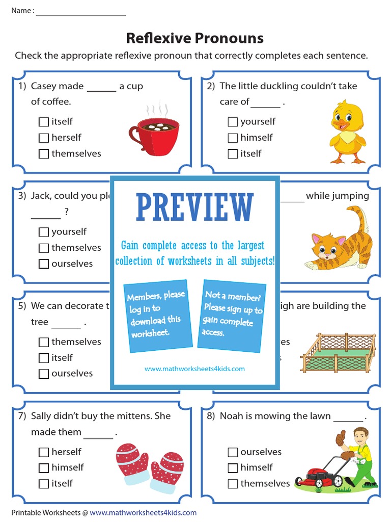 Reflexive Pronouns Worksheet: Check the Appropriate Reflexive Pronoun ...