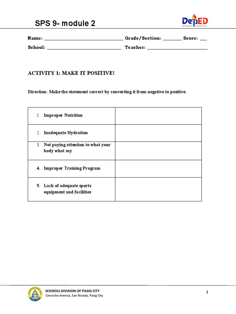 SPS 9 Module 2: Positive Nutrition Activities | PDF