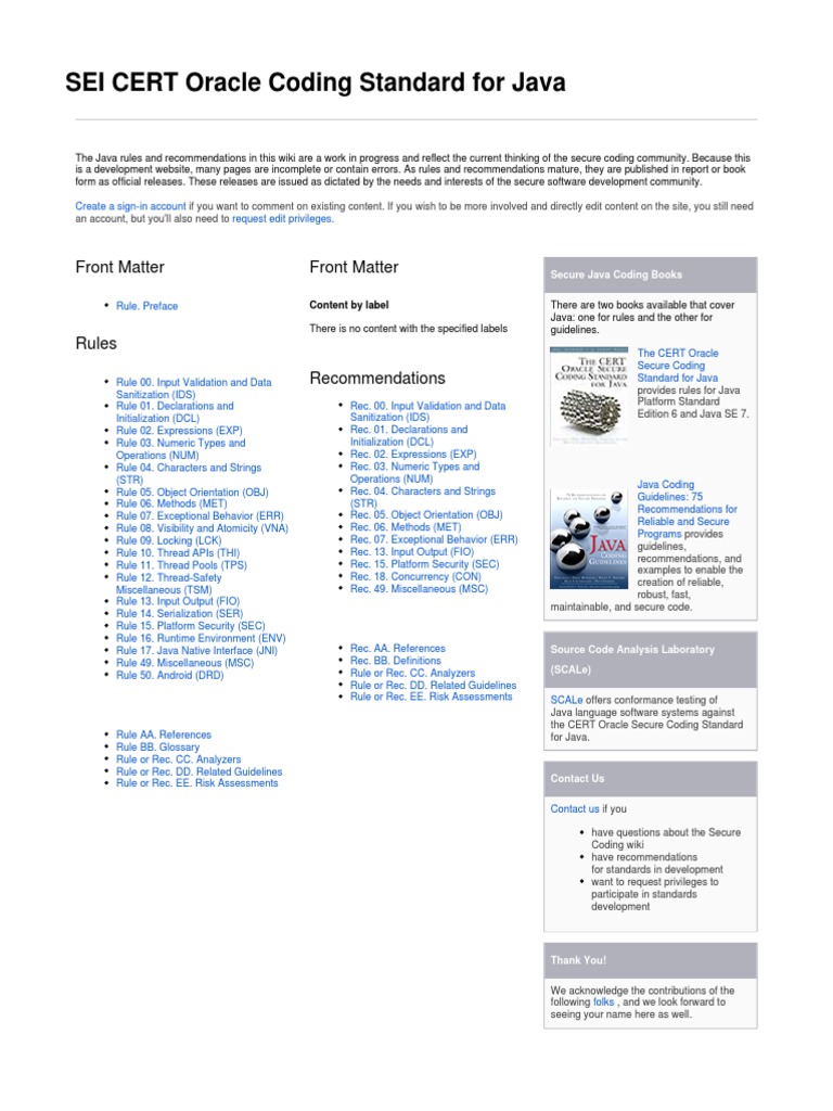 SEI CERT Oracle Coding Standard For Java: Front Matter Front Matter | PDF | Java (Programming ...