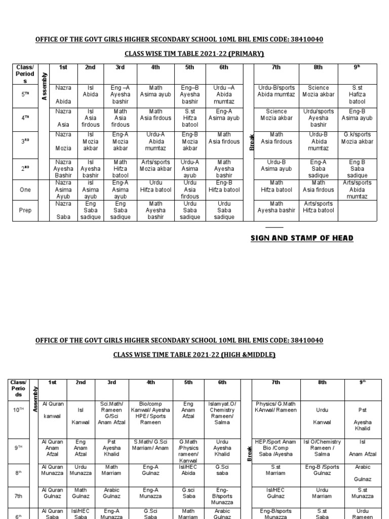Updated Time Table Primary Section 2021-22 | PDF