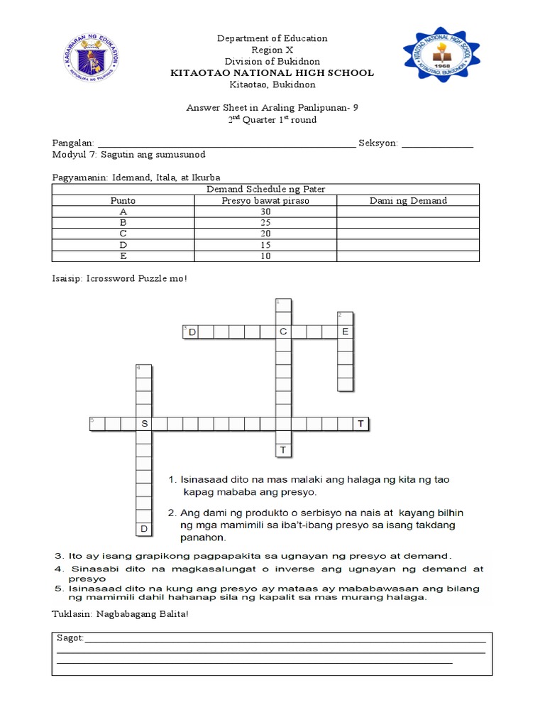 Answer Sheet 2nd Quarter 1st Round | PDF