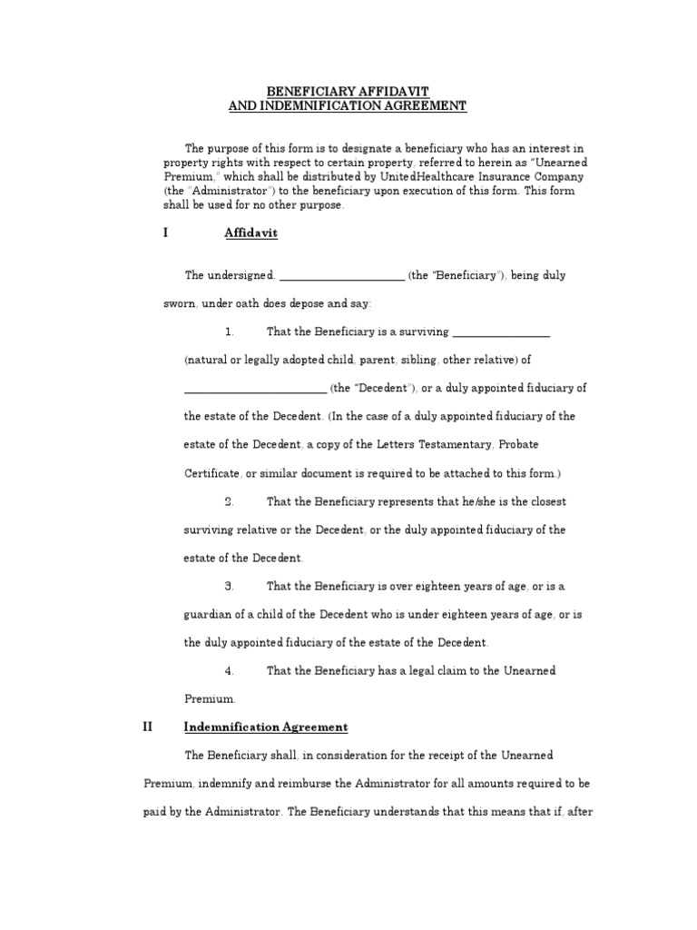 Beneficiary Affidavit Form August2010 | PDF | Insurance | Indemnity