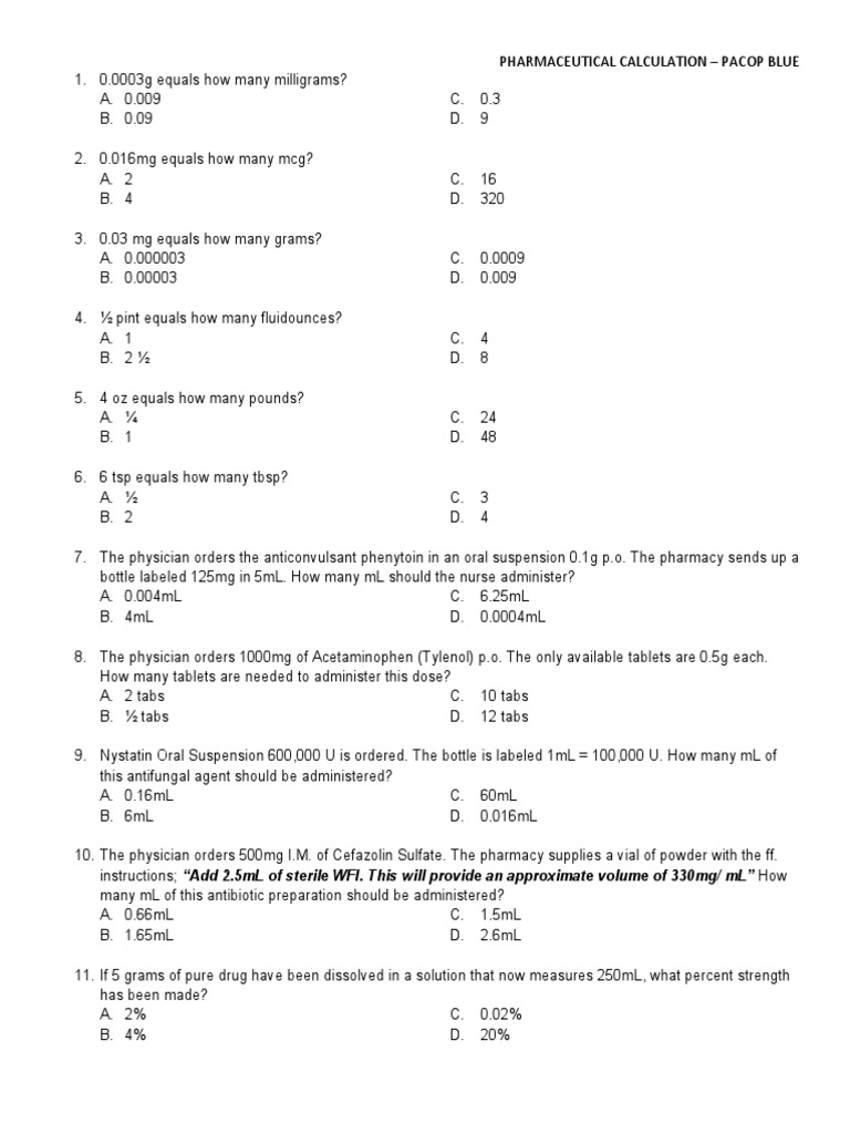 97 2003 PHARM CAL PACOP Blue Questionnaire | PDF | Mass Concentration ...