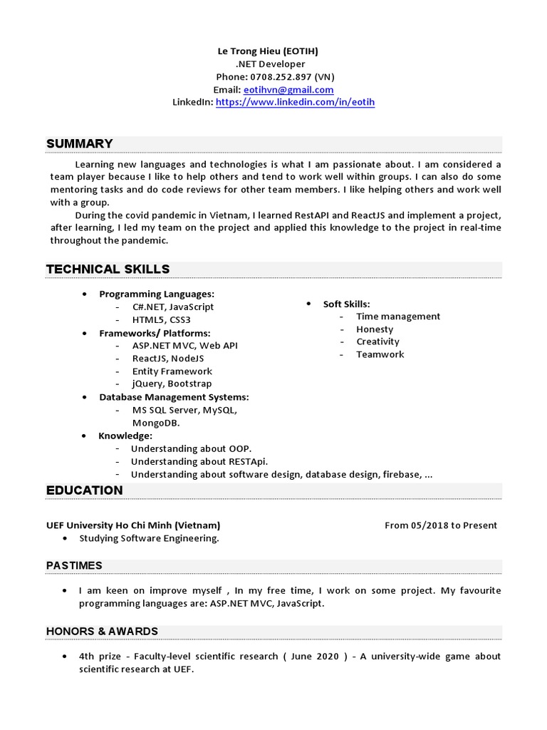 (.NET DEVELOPER INTERN) Le Trong Hieu | PDF | Databases | C Sharp ...