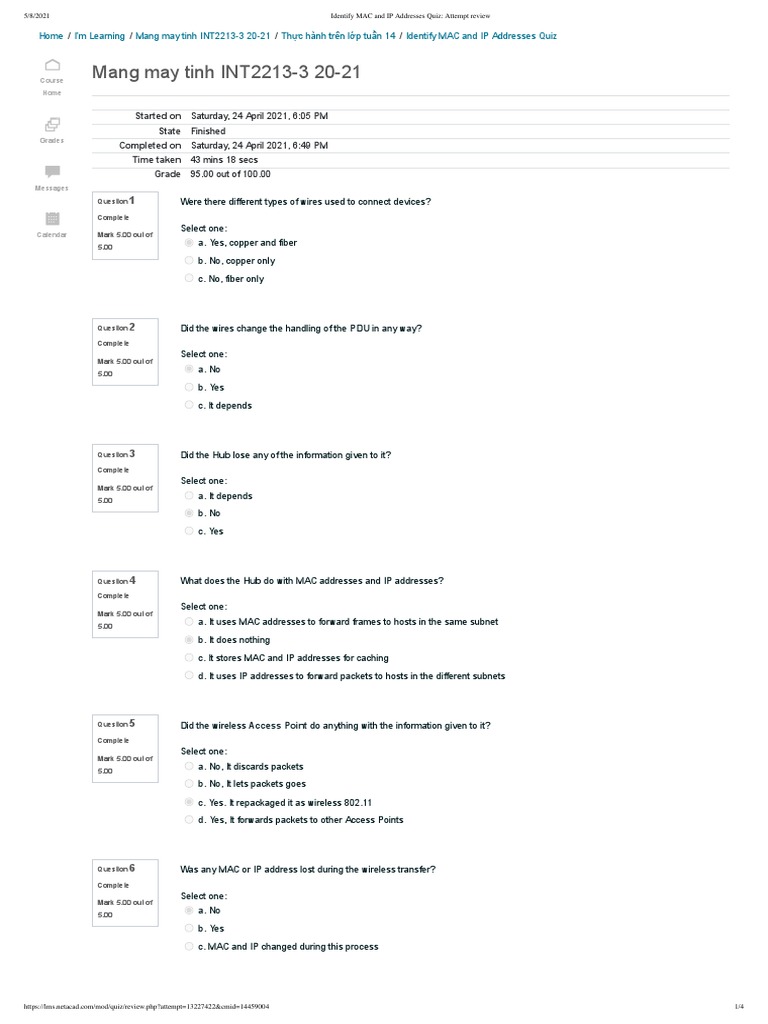 Identify MAC and IP Addresses Quiz - Attempt Review | PDF | Ip Address | Network Switch