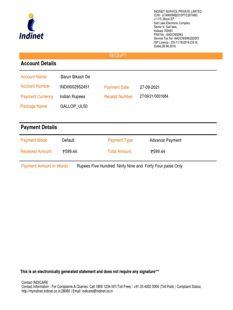 Receipt for Advance Payment of Rs. 599.44 for GALLOP_UL50 Internet ...