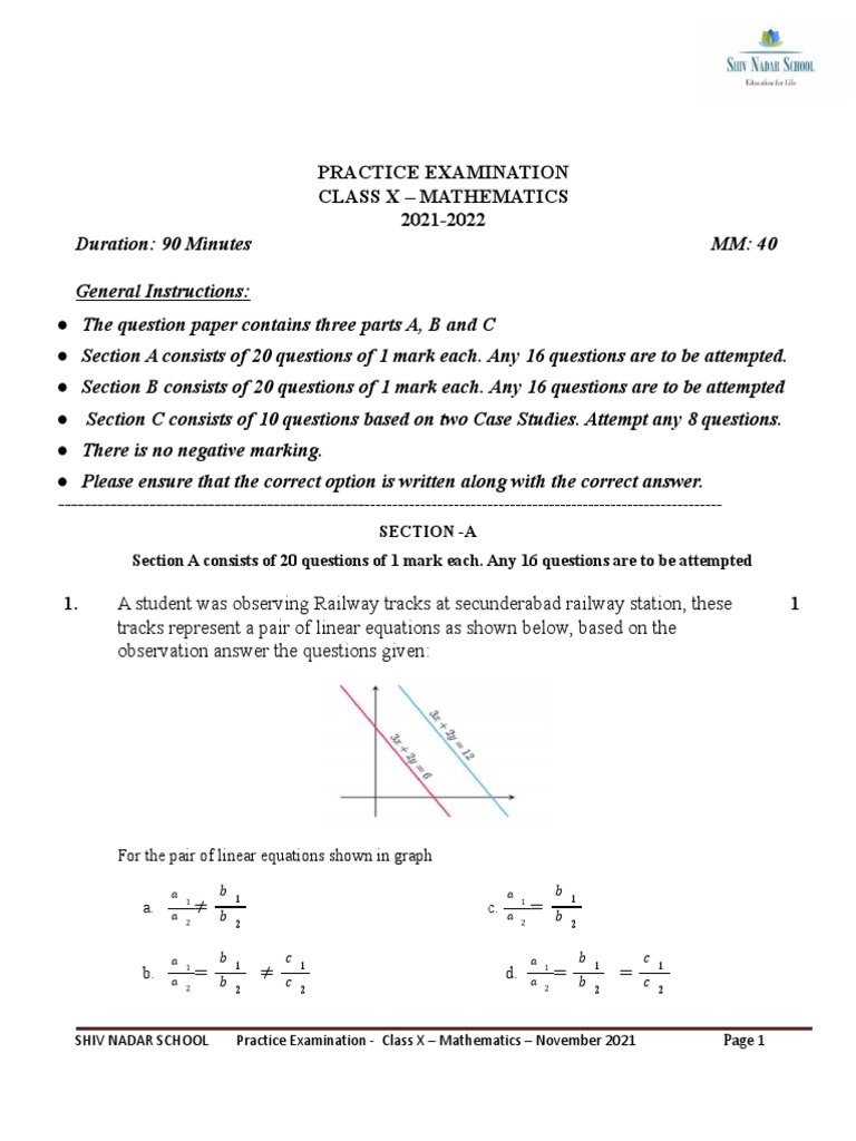 Practice Examination Class X - Mathematics 2021-2022 | PDF | Area ...