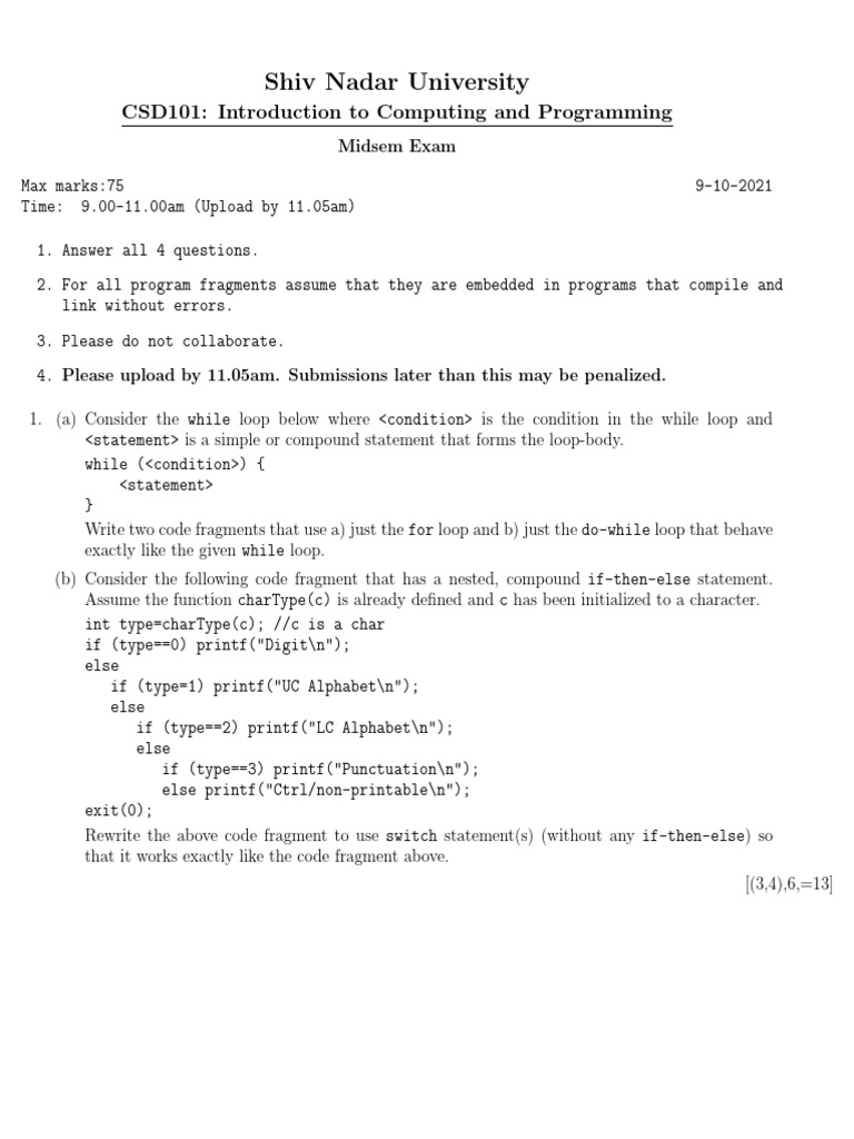 Shiv Nadar University: CSD101: Introduction To Computing and Programming | PDF | Sequence ...