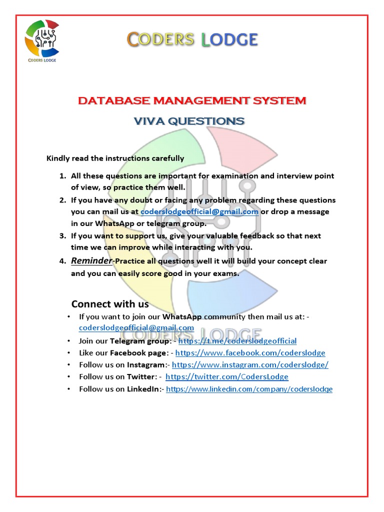 Dbms Viva Questions - Coders Lodge | PDF Dbms Viva Questions - Coders Lodge | PDF