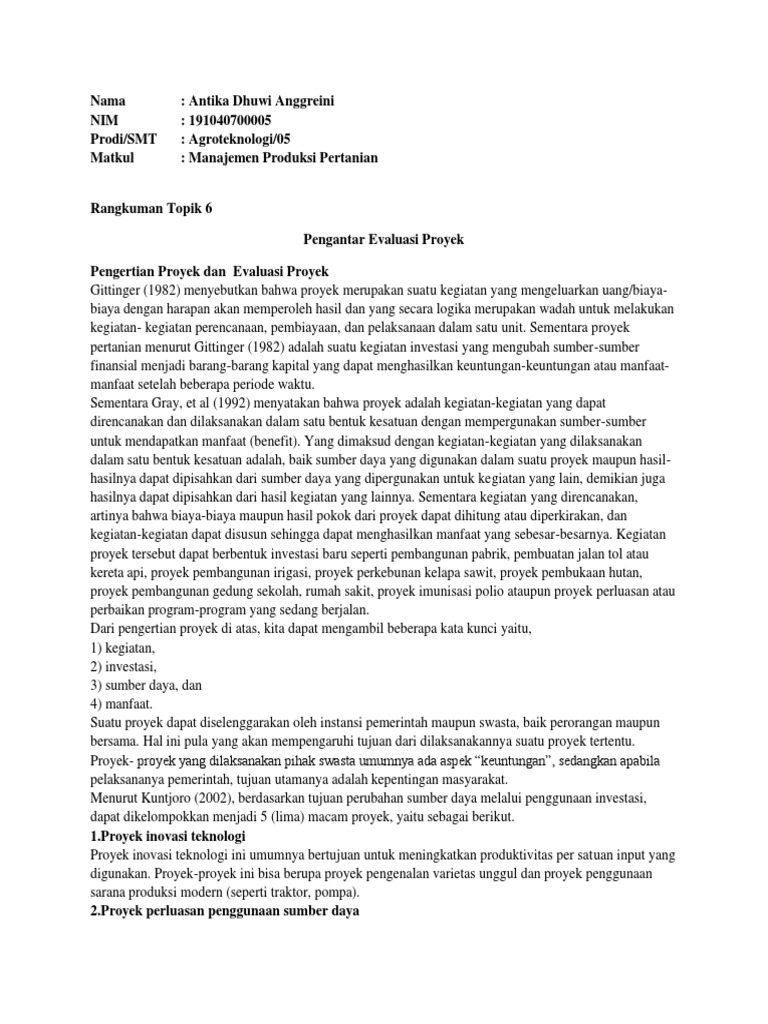 Antika Da-191040700005-Tugas MPT Rangkuman 6 (Investasi Proyek Pertanian) | PDF