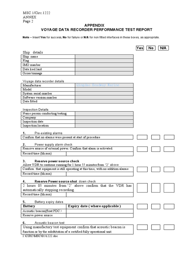 Voyage Data Recorder Performance Test Report: MSC.1/Circ.1222 Annex ...