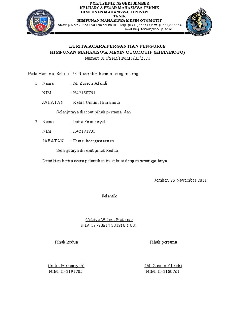 Berita Acara Pelantikan HMMT | PDF