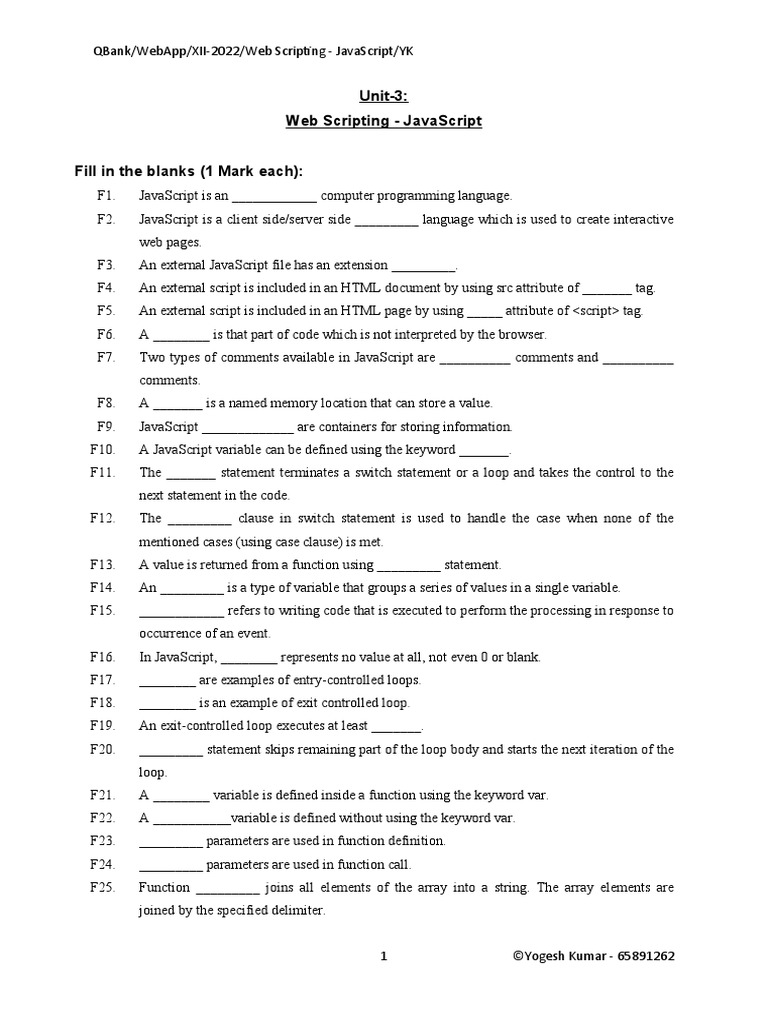 Fill in TH Blanks - WebApp-XII-2022-Web Scripting - JavaScript-YK | PDF | World Wide Web ...