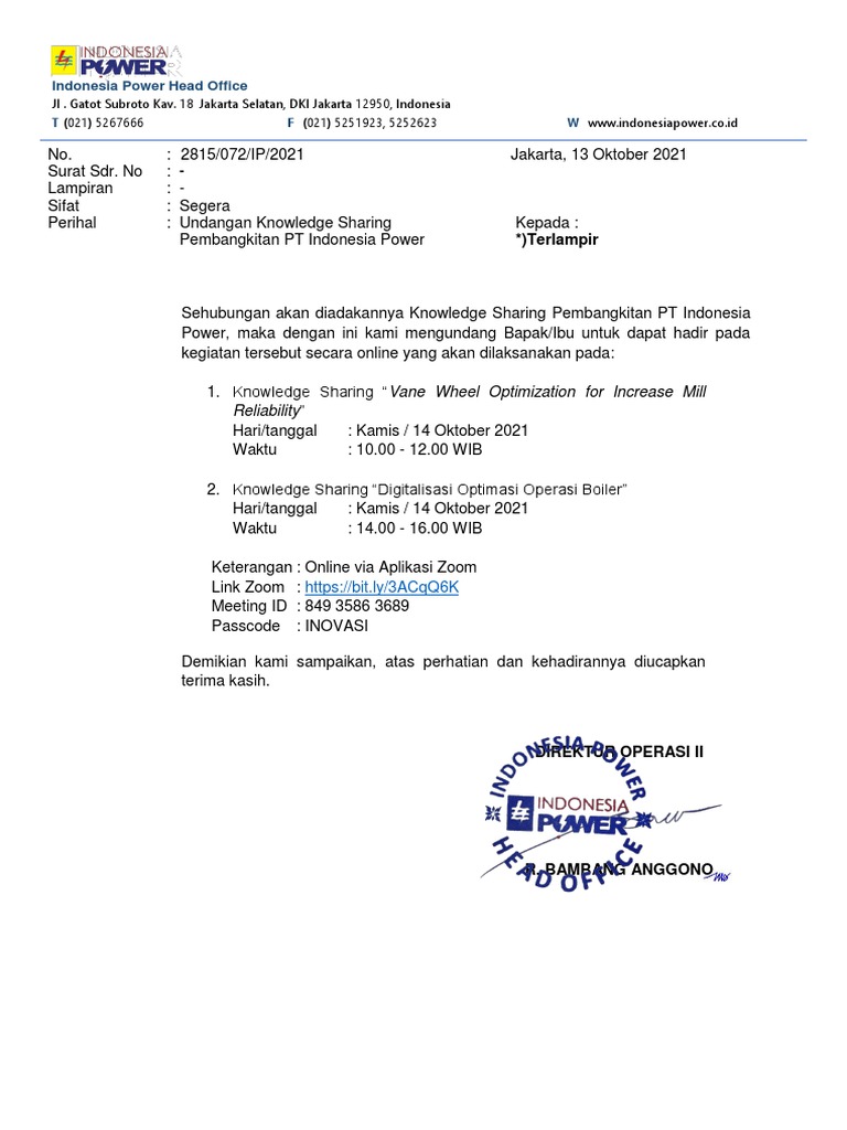 2815.072.IP.2021 - Undangan Knowledge Sharing Pembangkit | PDF