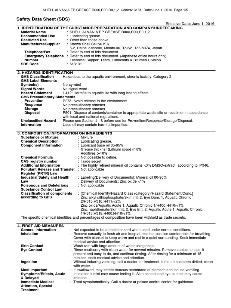 Safety Data Sheet (SDS) : SHELL ALVANIA EP GREASE R000, R00, R0,1,2 ...