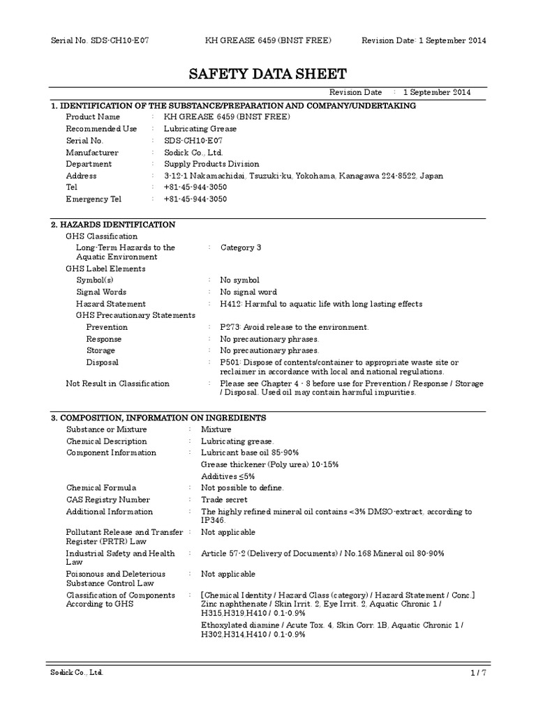 Serial No. SDS-CH10-E07 KH GREASE 6459 (BNST FREE) Revision Date - 1 September 2014 SAFETY DATA ...