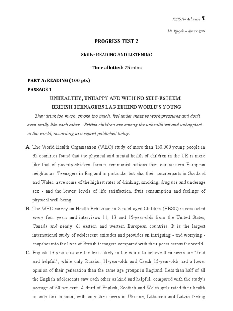 Reading Listening Test Unit 2 | PDF | Adolescence