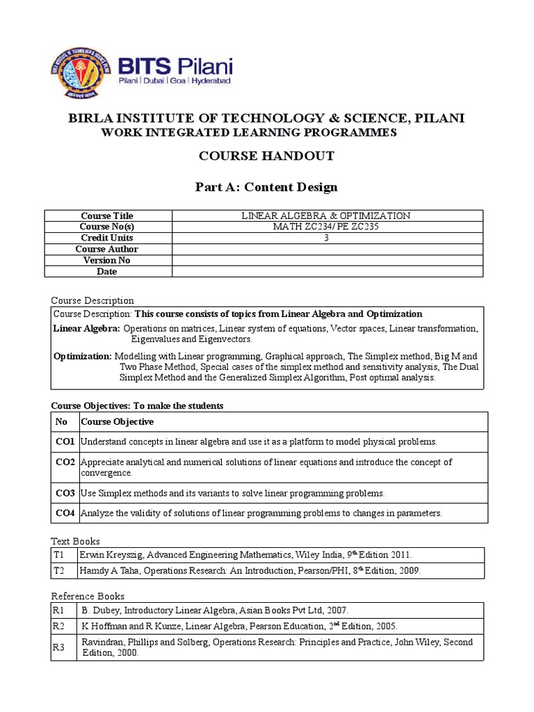 Birla Institute of Technology & Science, Pilani Course Handout Part A ...