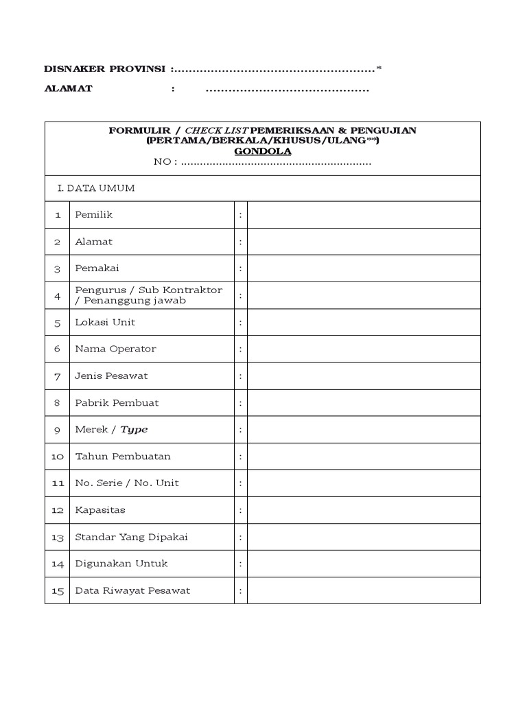 9D Checklist PAA Permenaker 05 2020 Visual Dan Fungsi - GONDOLA | PDF