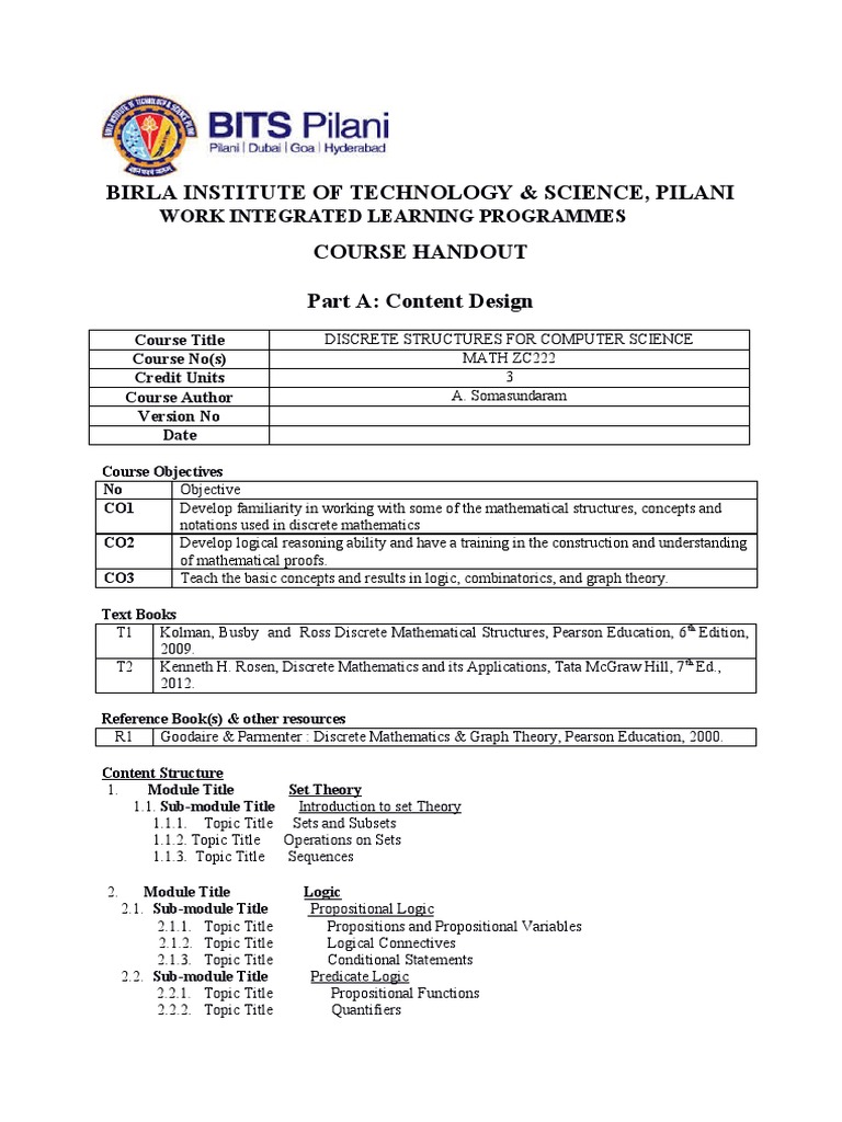 Birla Institute of Technology & Science, Pilani Course Handout Part A ...