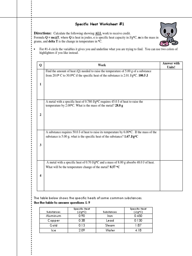 Specific Heat Worksheet Number 1 1 | PDF | Heat | Temperature