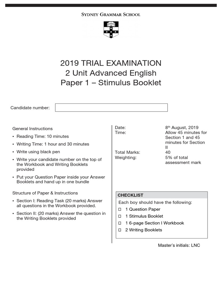 2019 Trial Examination 2 Unit Advanced English Paper 1 - Stimulus ...