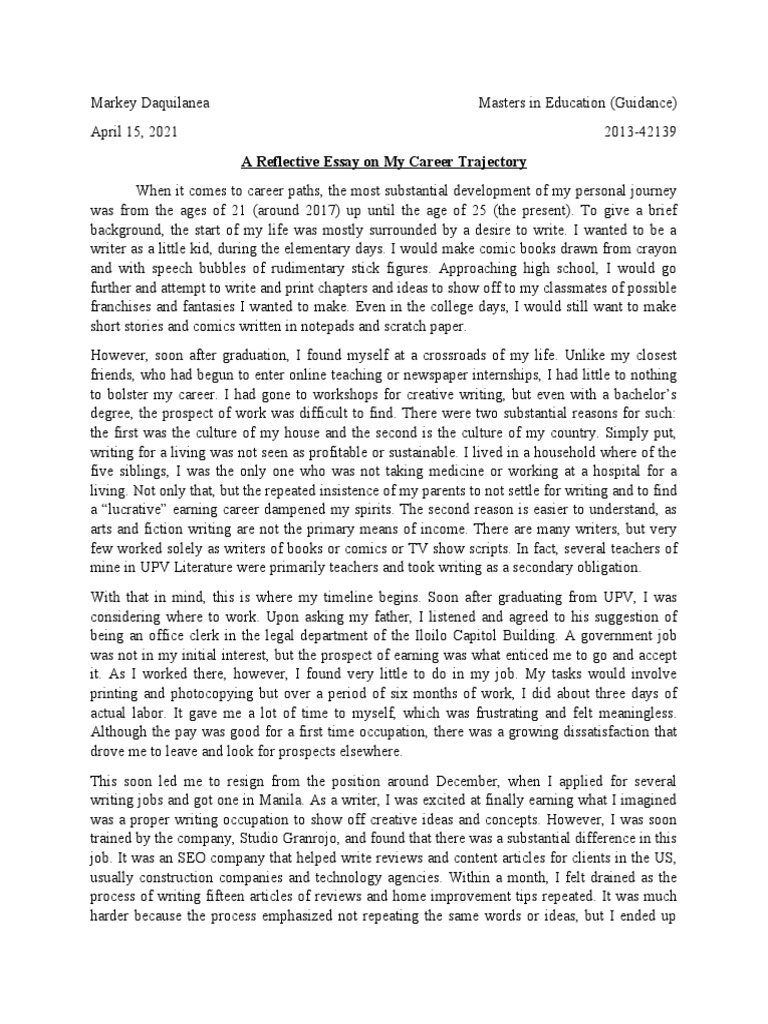 Reflective Career Journey Essay | PDF | English As A Second Or Foreign ...