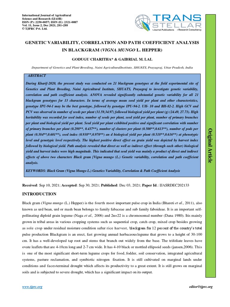Genetic Variability, Correlation and Path Coefficient Analysis in Blackgram (Vigna Mungo L ...