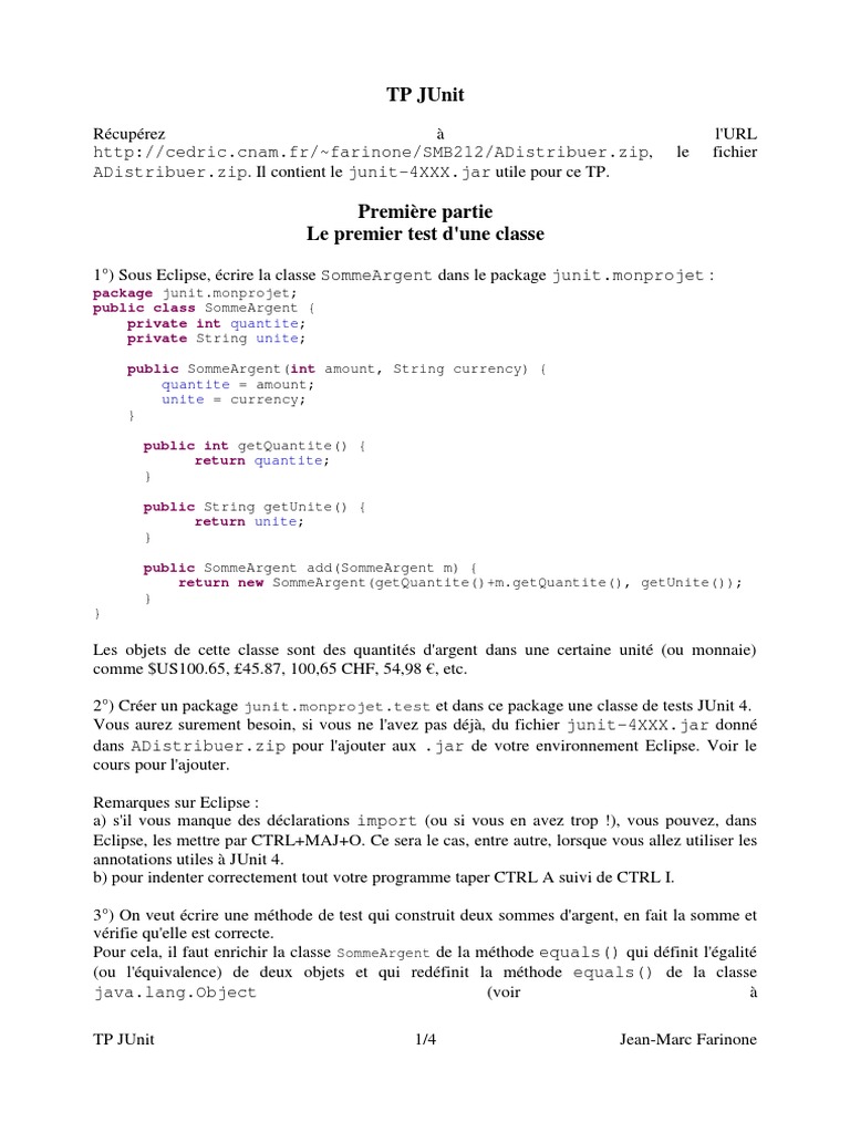 Enonce TPJUnit | Descargar gratis PDF | Plateforme Java | Programmation orientée objet