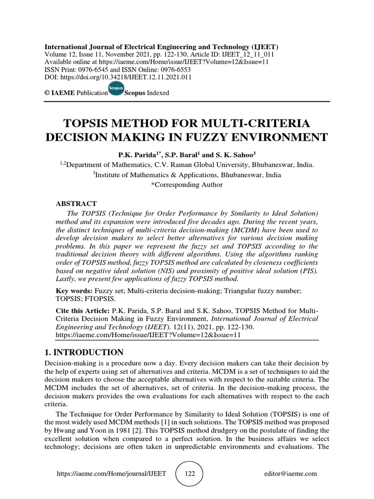 Topsis Method For Multi Criteria Decision Making In Fuzzy Environment Pdf Decision Making