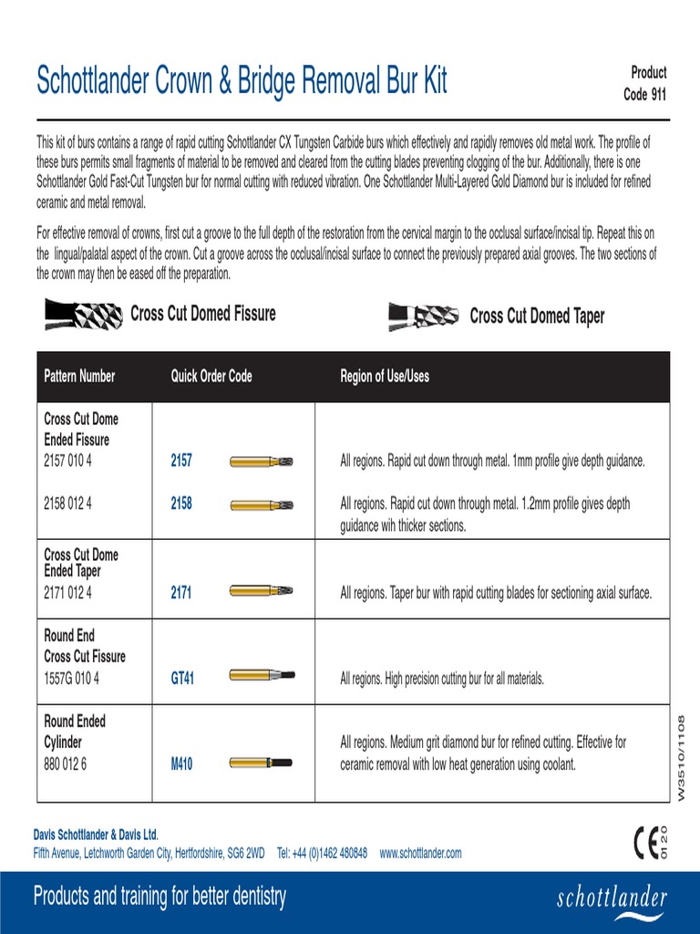 Schottlander Crown and Bridge Removal Bur Kit - Directions For Use ...