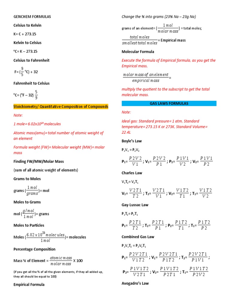 Genchem Formulas | PDF | Mole (Unit) | Gases