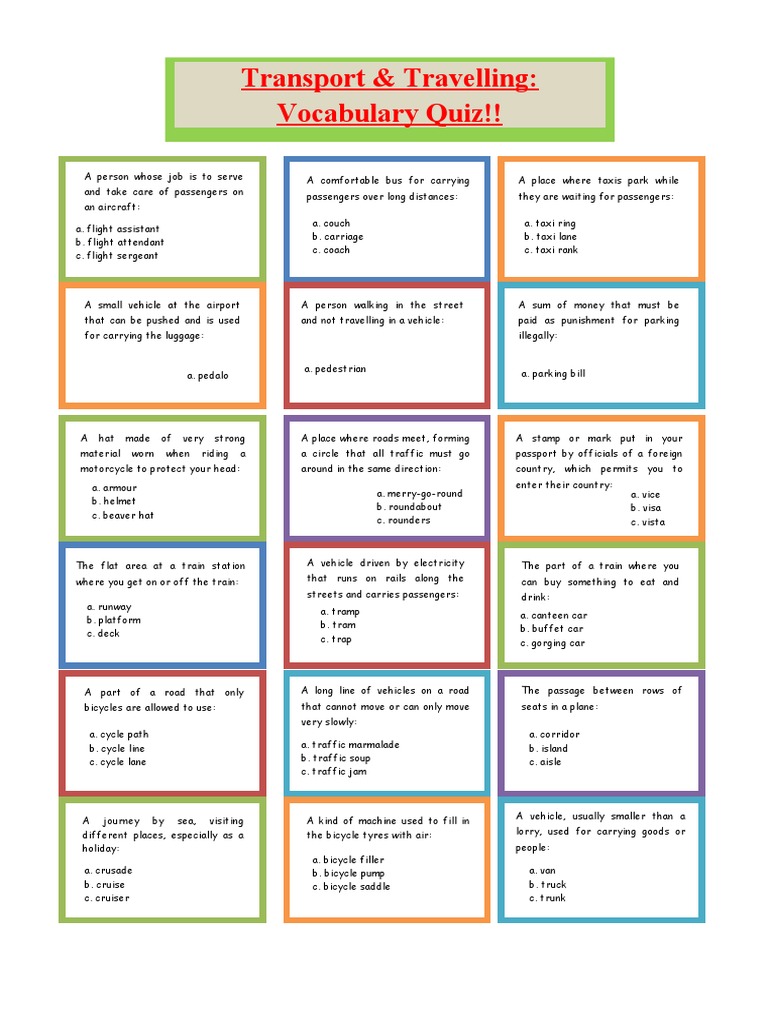 Transport & Travelling: Vocabulary Quiz!! | PDF | Traffic | Train