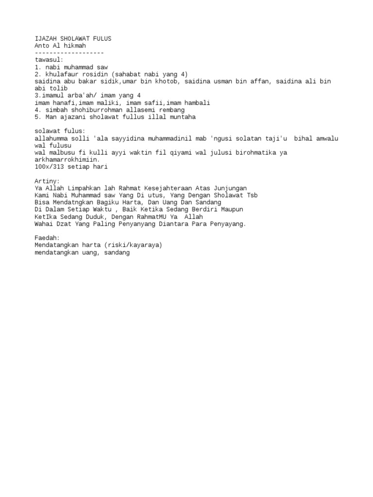 Ijazah Sholawat Fulus | PDF | Sejarah Ijazah Sholawat Fulus | PDF | Sejarah