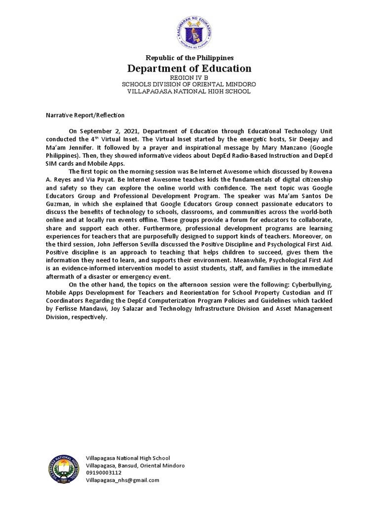 4th Day Narrative Report VINSET Accomplishment Report | PDF ...