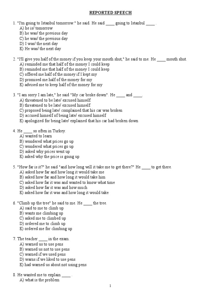 531 Reported Speech Test Exercises Multiple Choice Questions With ...
