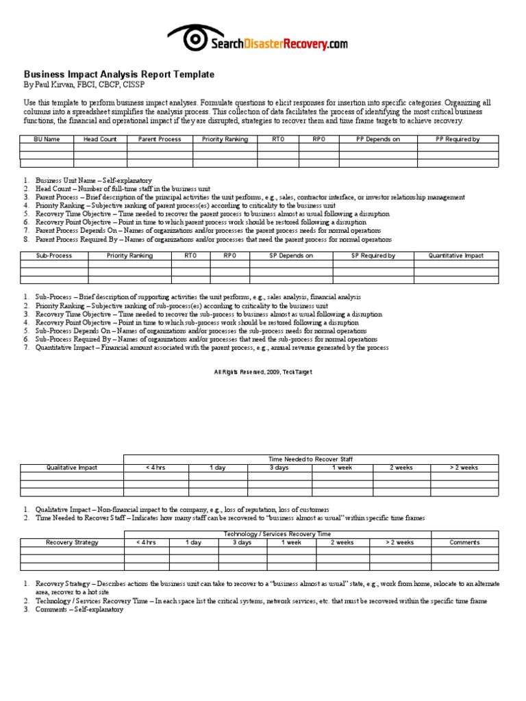 Search Disaster Recovery Business Impact Analysis Report Template | PDF ...